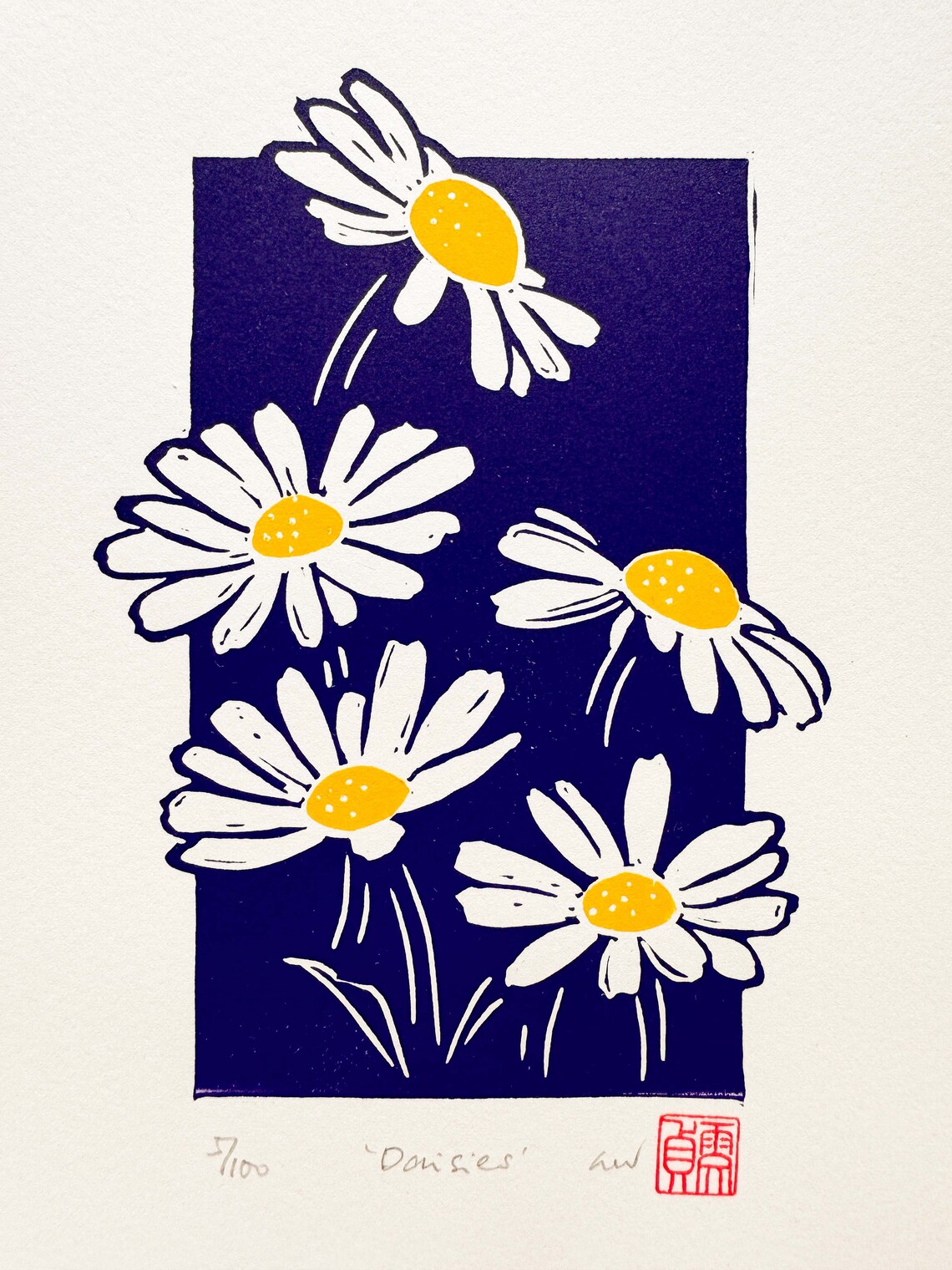 Daisies Print - Original Wall Art, Botanical Floral Linocut Print ...