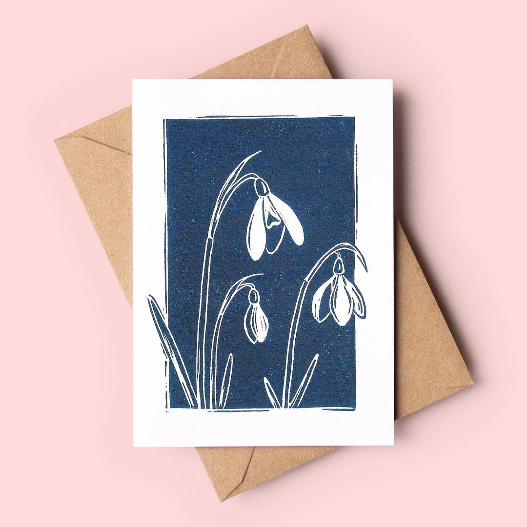 Snowdrops Botanical Art Card: Linocut Flower Print With Kraft Envelope ...