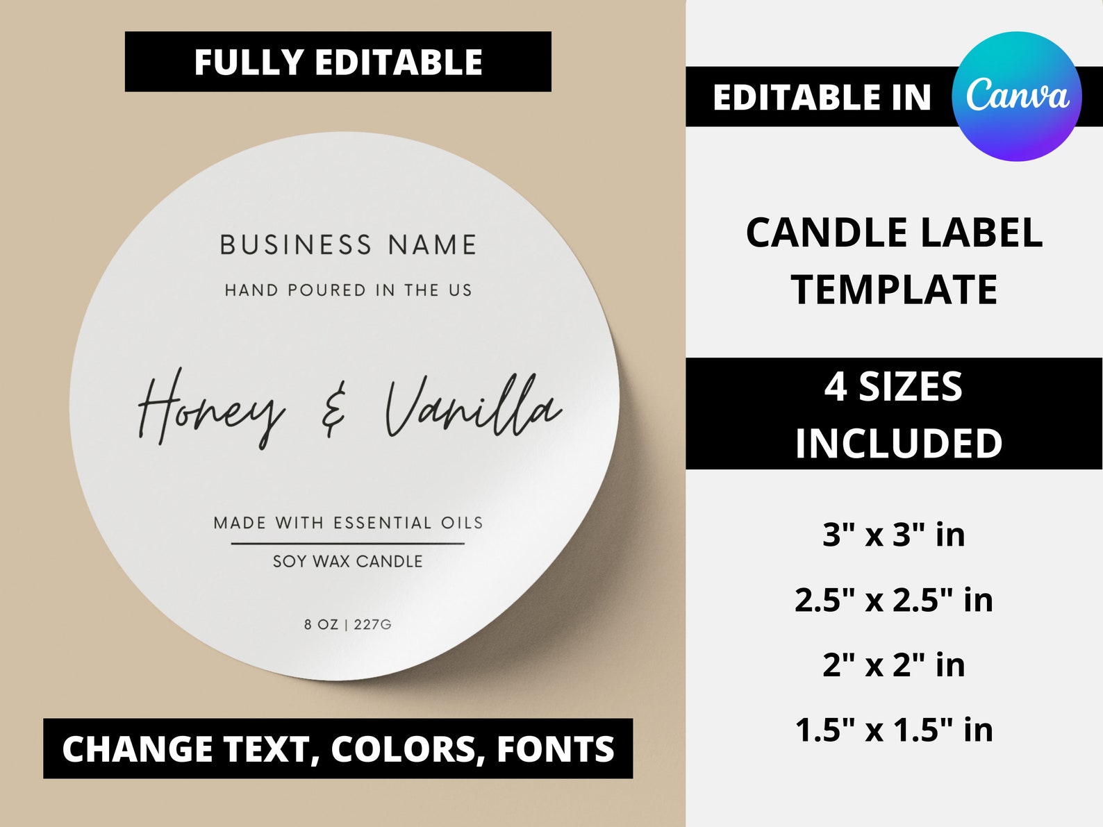 Round Candle Label Template, Canva Editable Candle Label, Candle Tin ...