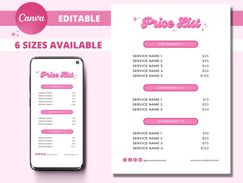 Retro Pink Price List Template Canva Editable Printable - Etsy
