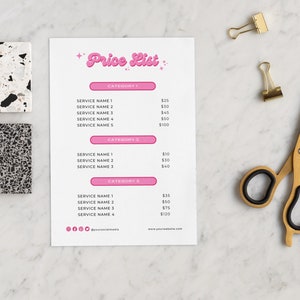 Retro Pink Price List Template, Canva Editable, Printable Small ...