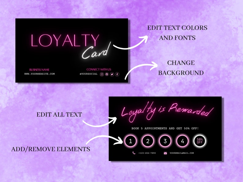 Loyalty Card Template, Pink Neon, Canva Editable, Printable, Chic ...