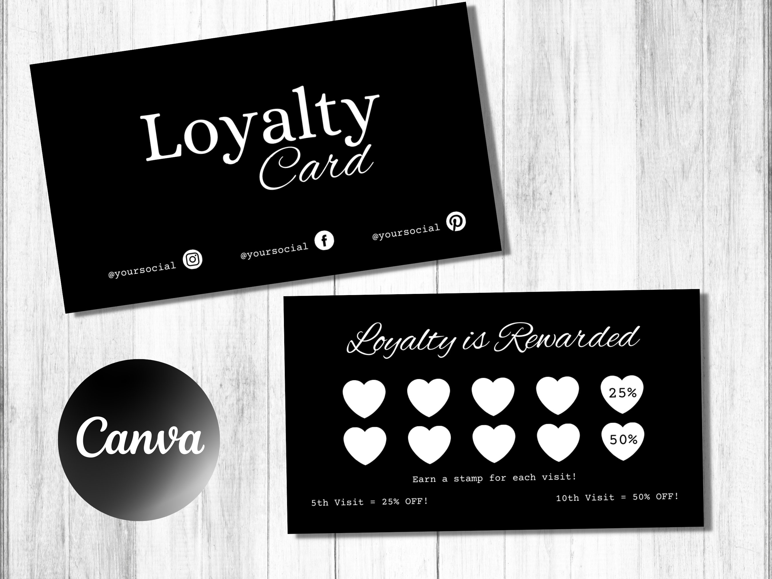 Black Loyalty Card Template, Canva Editable, Printable, Modern Rewards ...