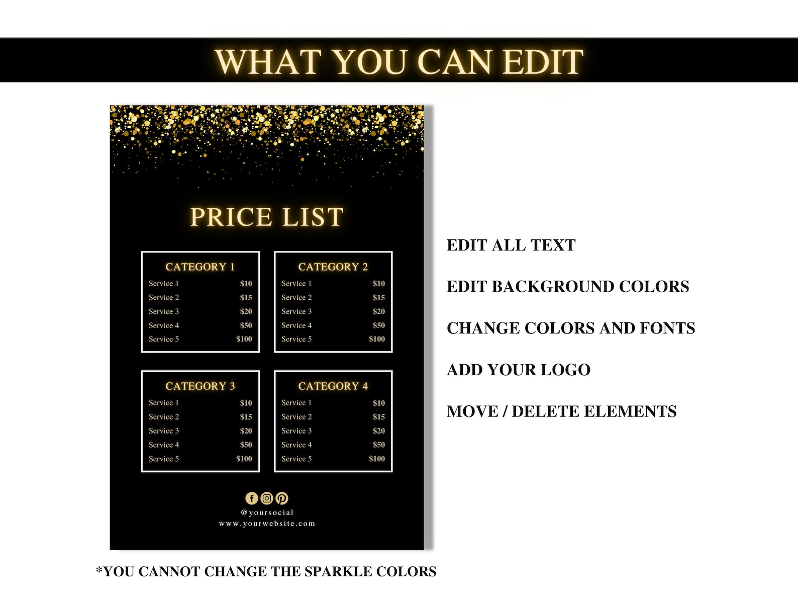 Black Gold Price List Template, Canva Editable, Printable Price List ...