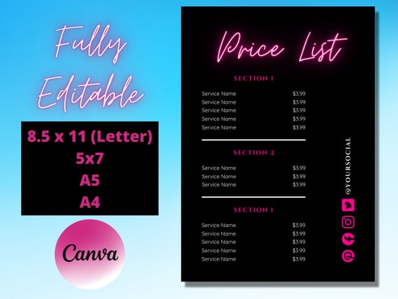 Pink Neon Price List Template Canva Editable Printable Small - Etsy