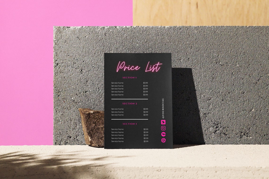 Pink Neon Price List Template, Canva Editable, Printable Small Business ...