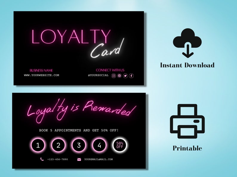 Loyalty Card Template, Pink Neon, Canva Editable, Printable, Chic ...