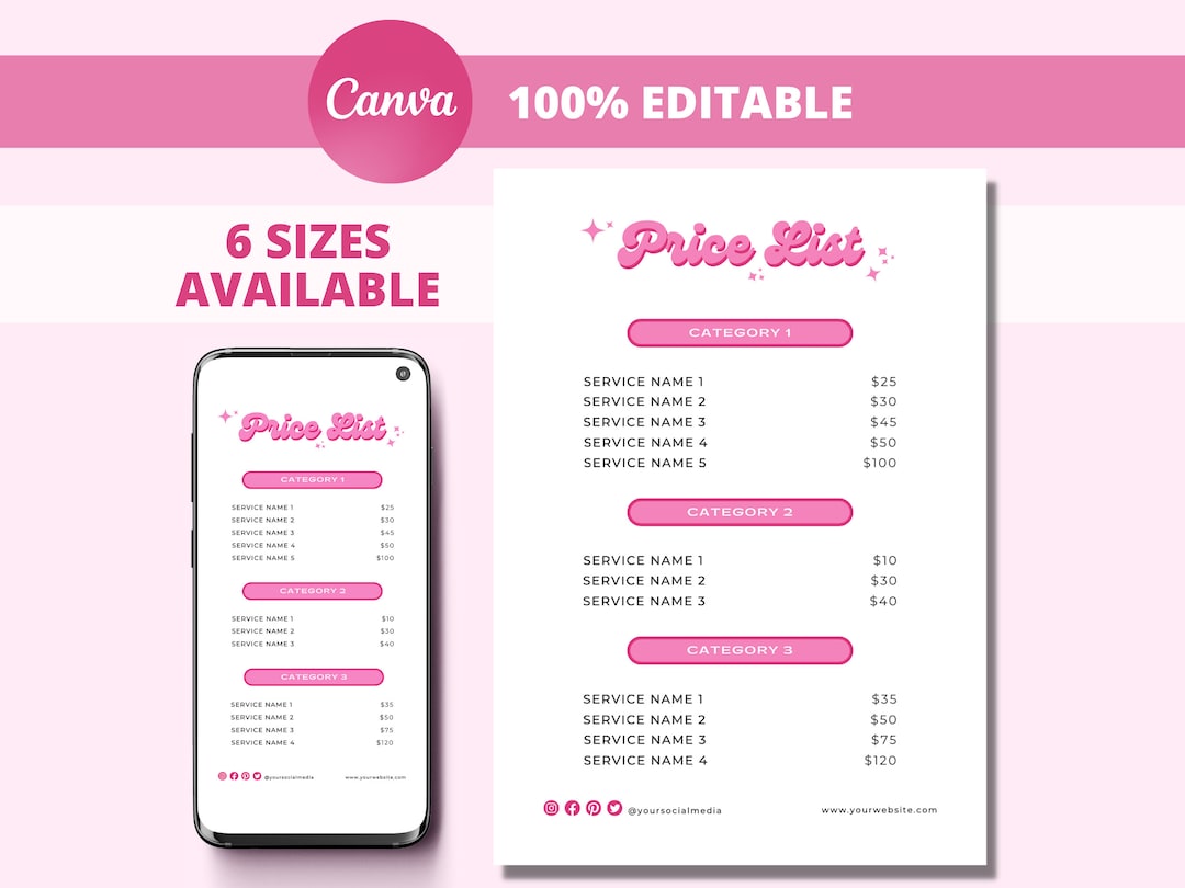 Retro Pink Price List Template, Canva Editable, Printable Small ...