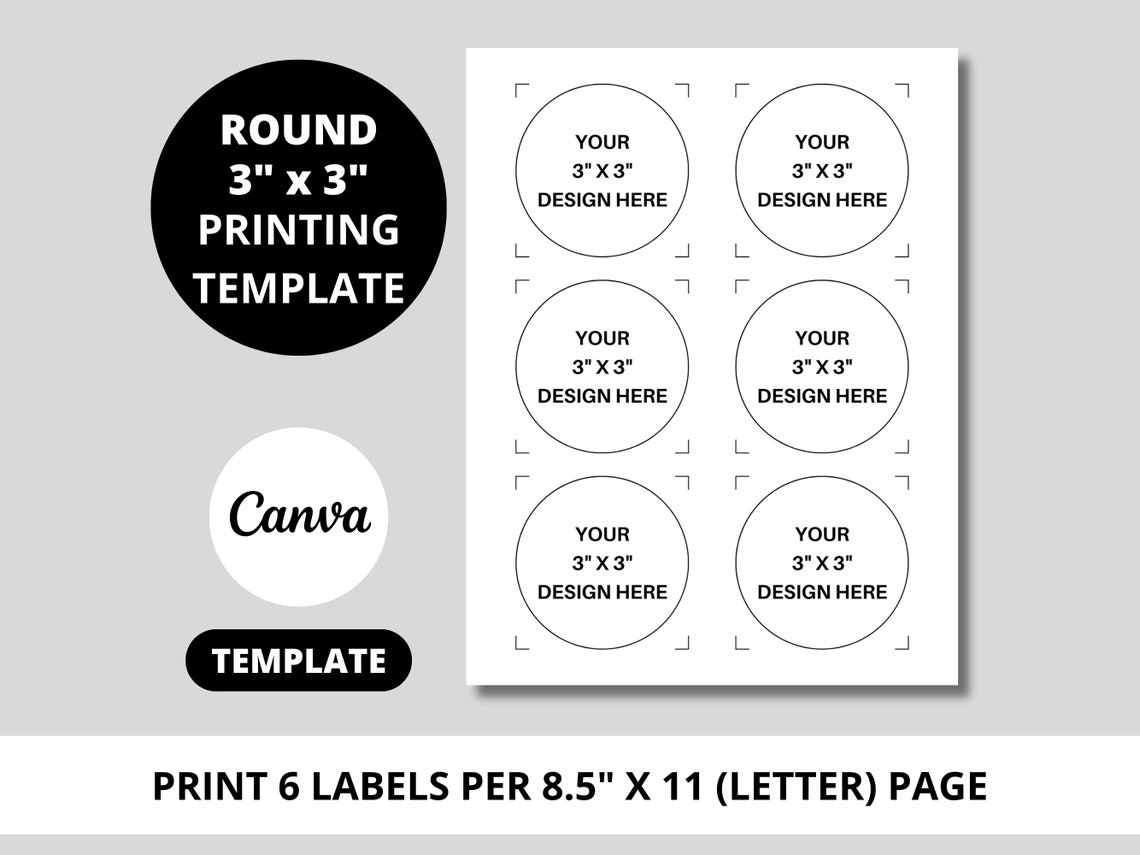 3x3 Round Label Printing Template, 3x3 Printing Guide, 8.5x11 Sheet Template, Canva Editable ...