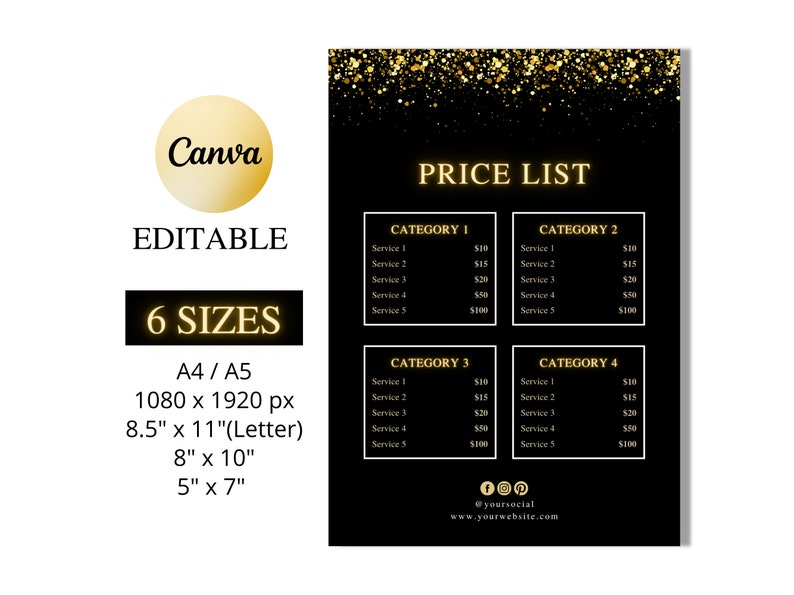 Black Gold Price List Template Canva Editable Printable - Etsy