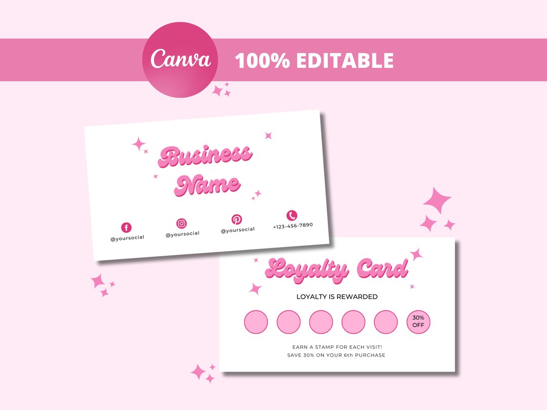 Loyalty Card Template, Pink Retro, Canva Editable, Business Loyalty ...