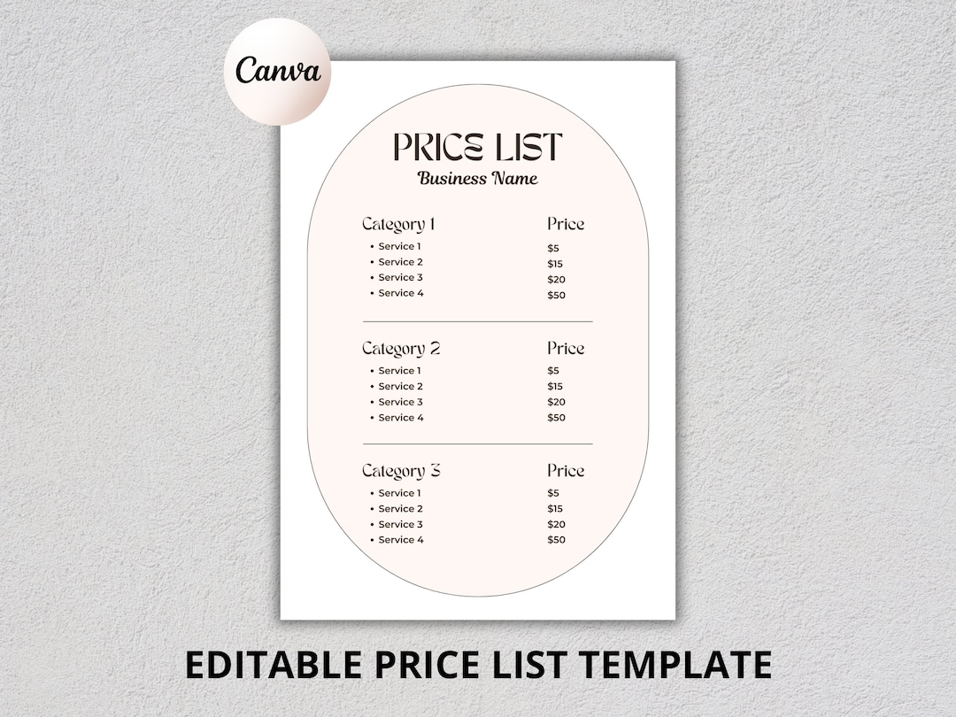 Editable Price List Template, Canva, Printable, Small Business Price ...