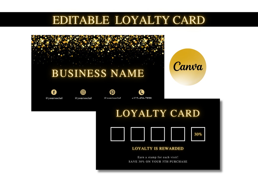 Loyalty Card Template, Black and Gold Card, Canva Editable, Business ...