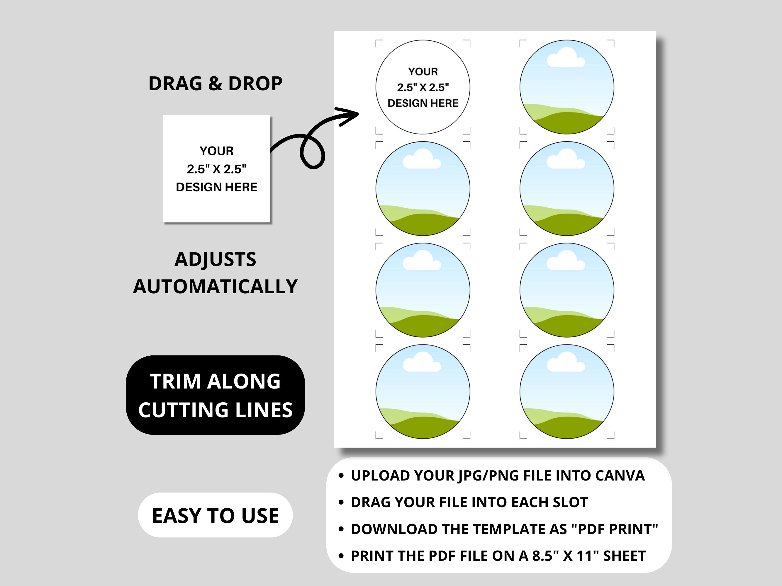 2.5x2.5 Round Printing Template, 2.5x2.5 Printing Guide, 8.5x11 Sheet ...