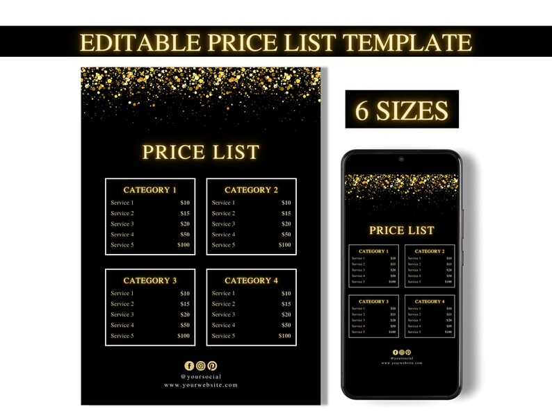 Black Gold Price List Template Canva Editable Printable - Etsy