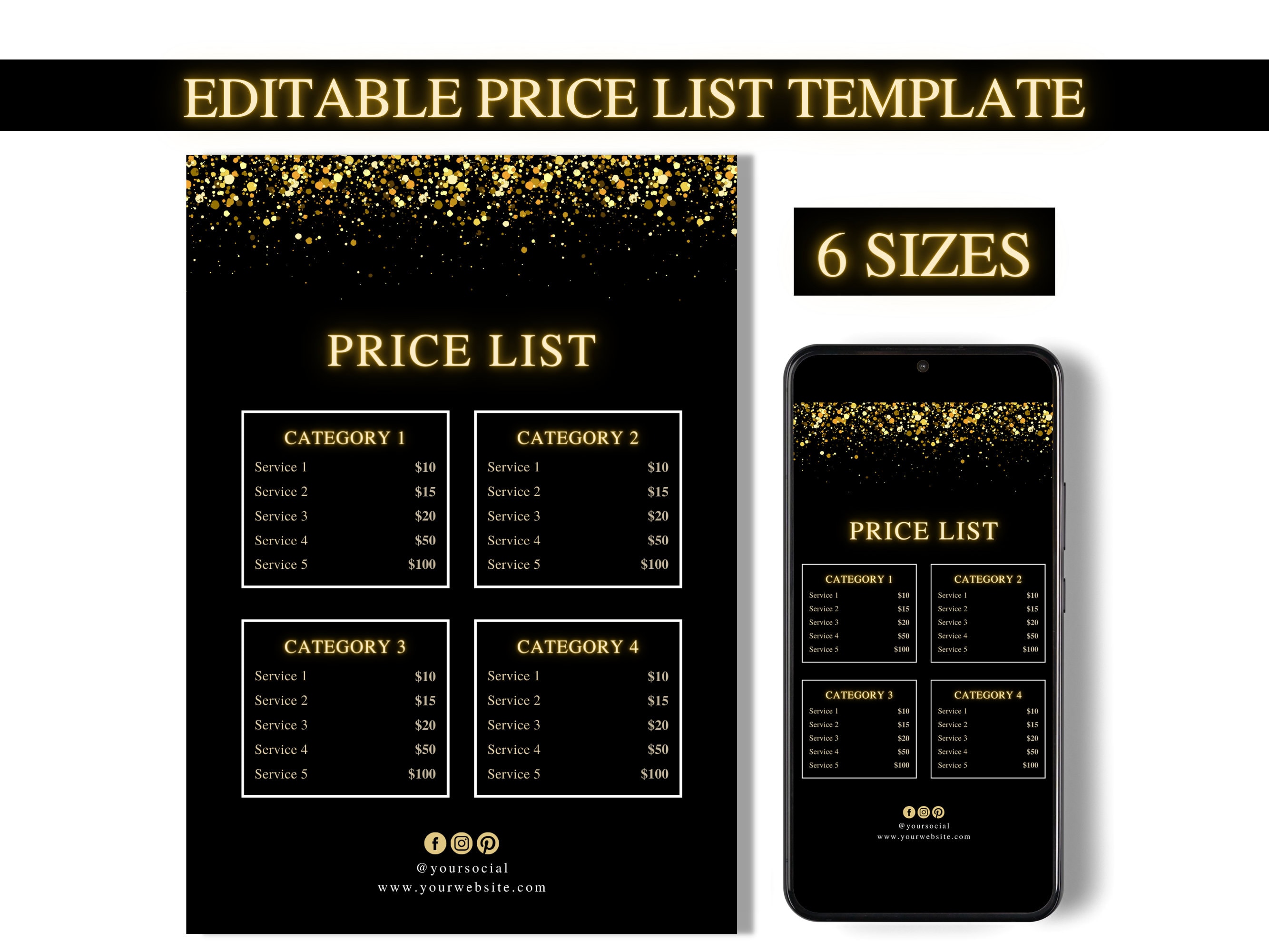Black Gold Price List Template, Canva Editable, Printable Price List ...