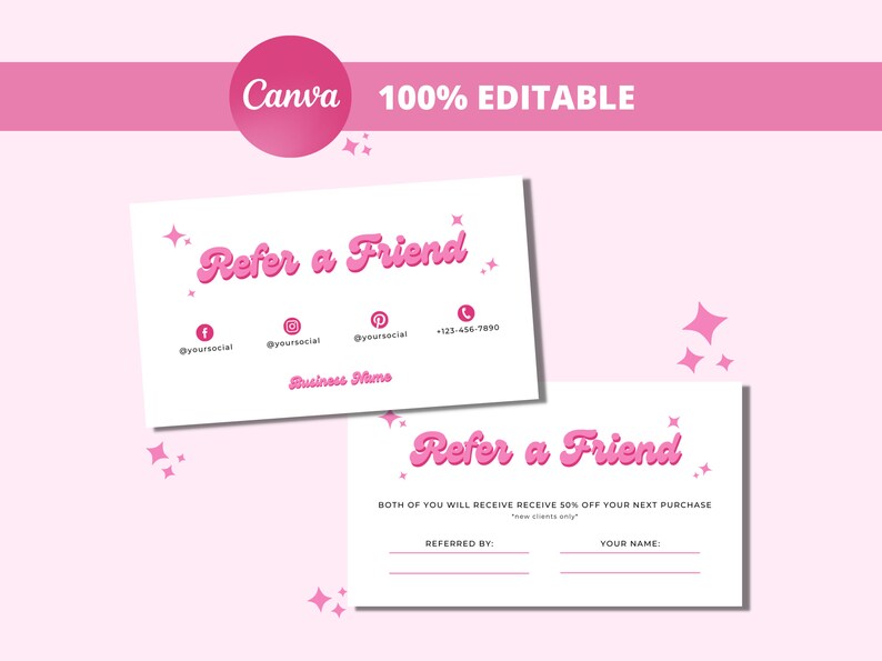 Referral Card Template, Pink Retro Card, Refer a Friend Card, Canva ...