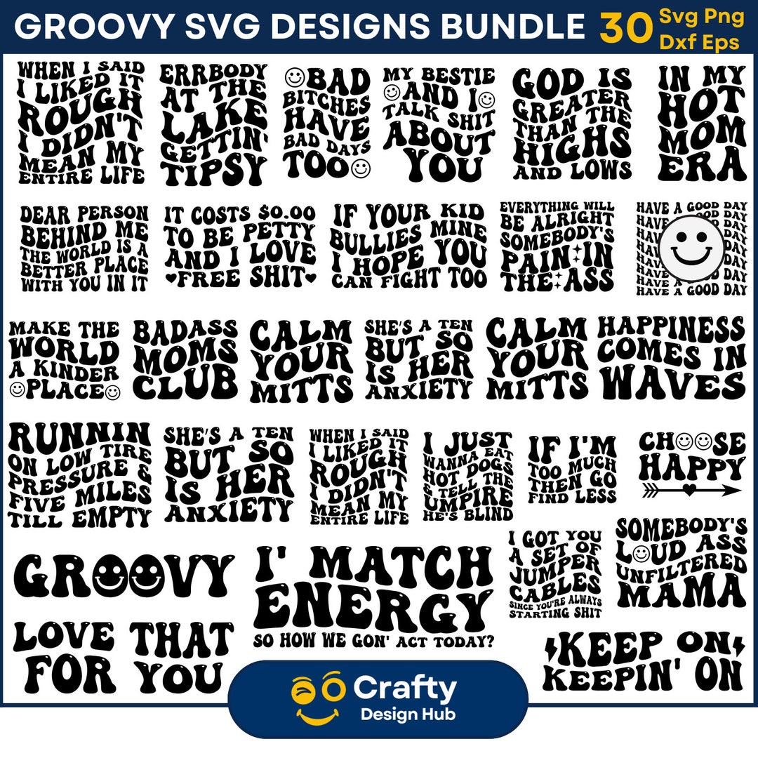 30 Groovy Svg Bundle, Hippie Svg, Wavy Text Svg Design, Inspirational ...