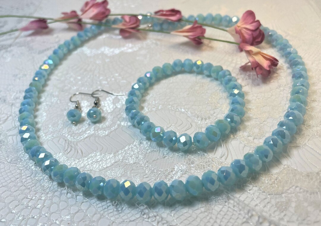 Light Blue Jewelry Set, Chic Blue Jewelry, Blue Necklace Bracelet ...