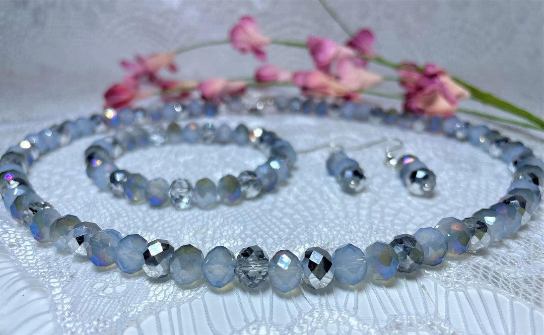 Light Blue Silver Crystal Necklace Set, Elegant Blue Bead Jewelry ...