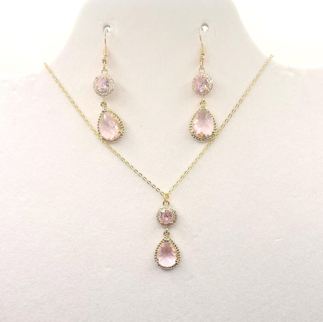 18K Gold Pink CZ Necklace Earrings Set, Pink Cubic Zirconia Bridal ...