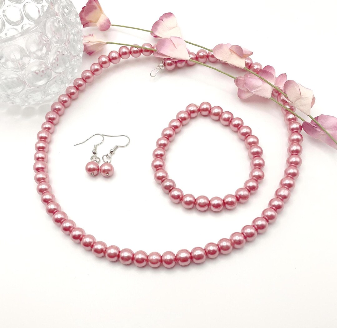Pink Pearl Jewelry Set: Necklace, Bracelet & Earrings - Etsy