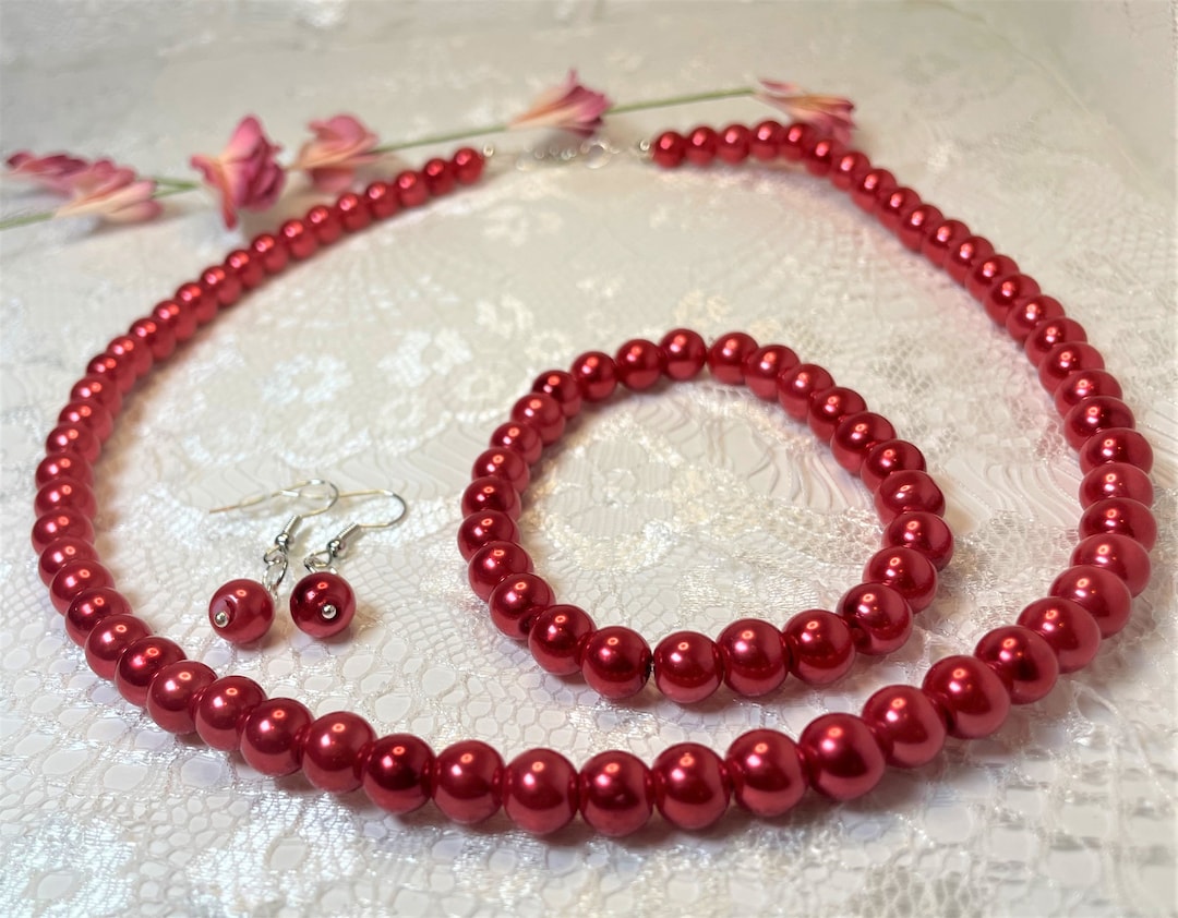 Red Pearl Jewelry Set, Pearl Necklace Bracelet & Earrings, Bridal Pearl ...