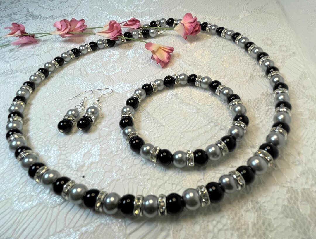 Gray Silver Pearl Jewelry Set, Pearl Necklace Bracelet & Earrings ...