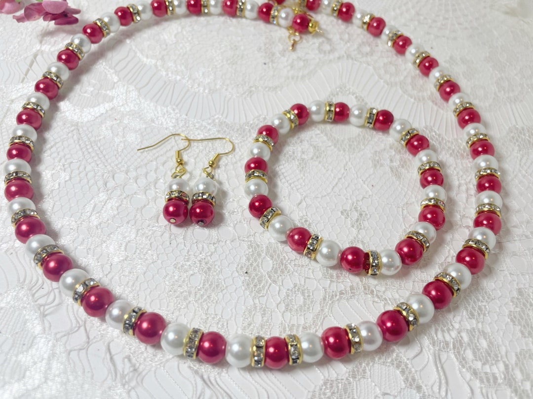 Red Gold Pearl Jewelry Set, Pearl Necklace Bracelet & Earrings, Bridal ...