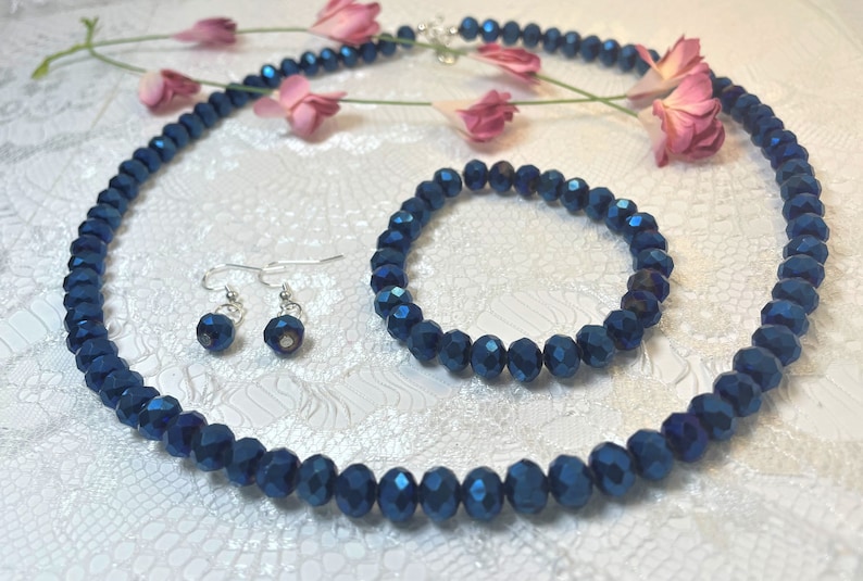 Navy Blue Crystal Necklace Set, Elegant Navy Blue Bead Jewelry ...