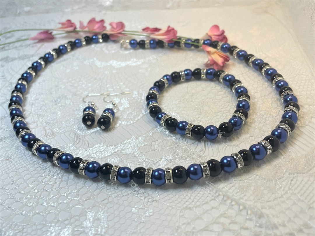 Blue Pearl Jewelry Set, Chic Blue Jewelry, Blue Necklace Bracelet ...
