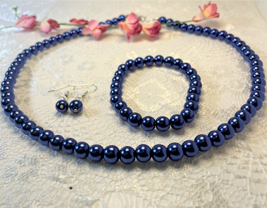 Blue Pearl Jewelry Set, Pearl Necklace Bracelet & Earrings, Bridal ...