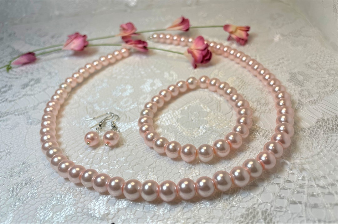 Pink Pearl Jewelry Set, Pearl Necklace Bracelet & Earrings, Bridal ...