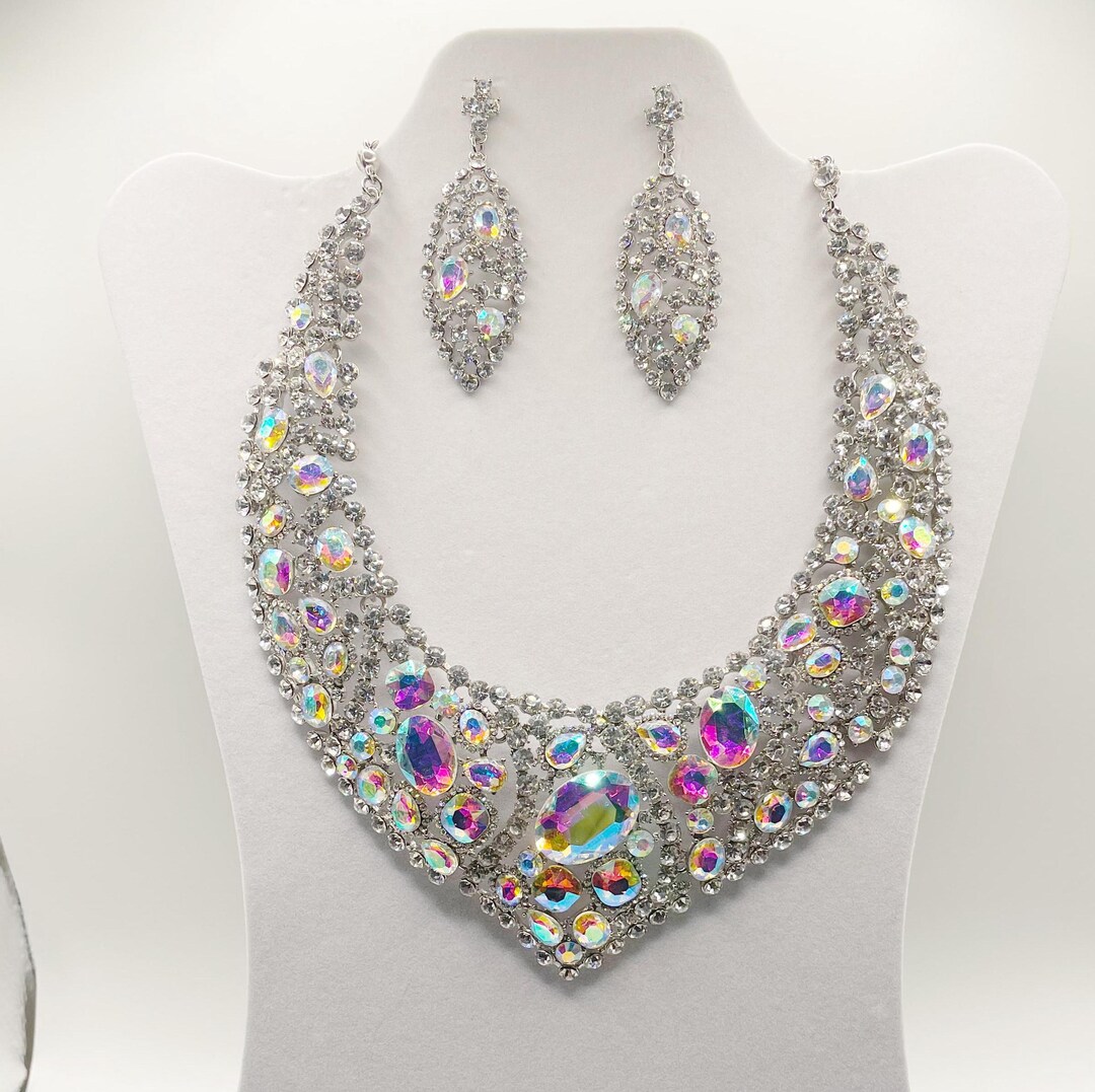 Bridal Rhinestone Necklace Earring Set, Bling Statement Rhinestone ...