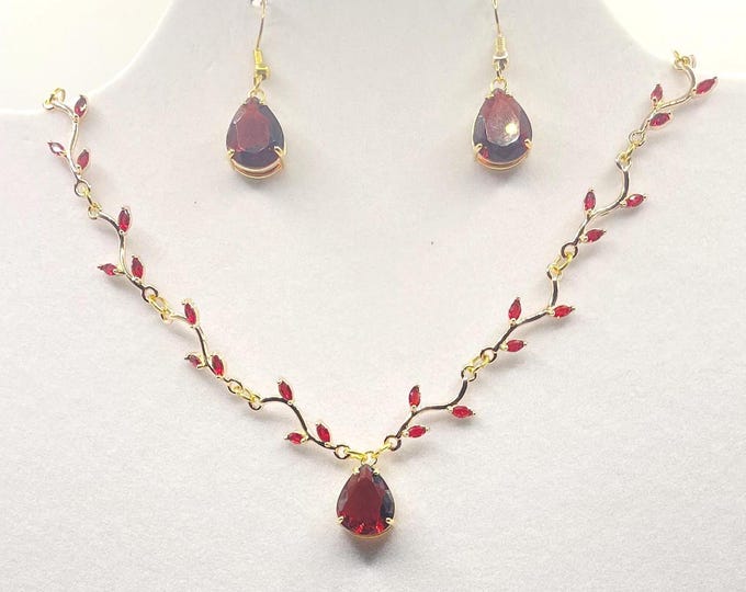 Ruby Red Gold Plated CZ Jewelry Set: Nature Inspired Branches Bridal ...