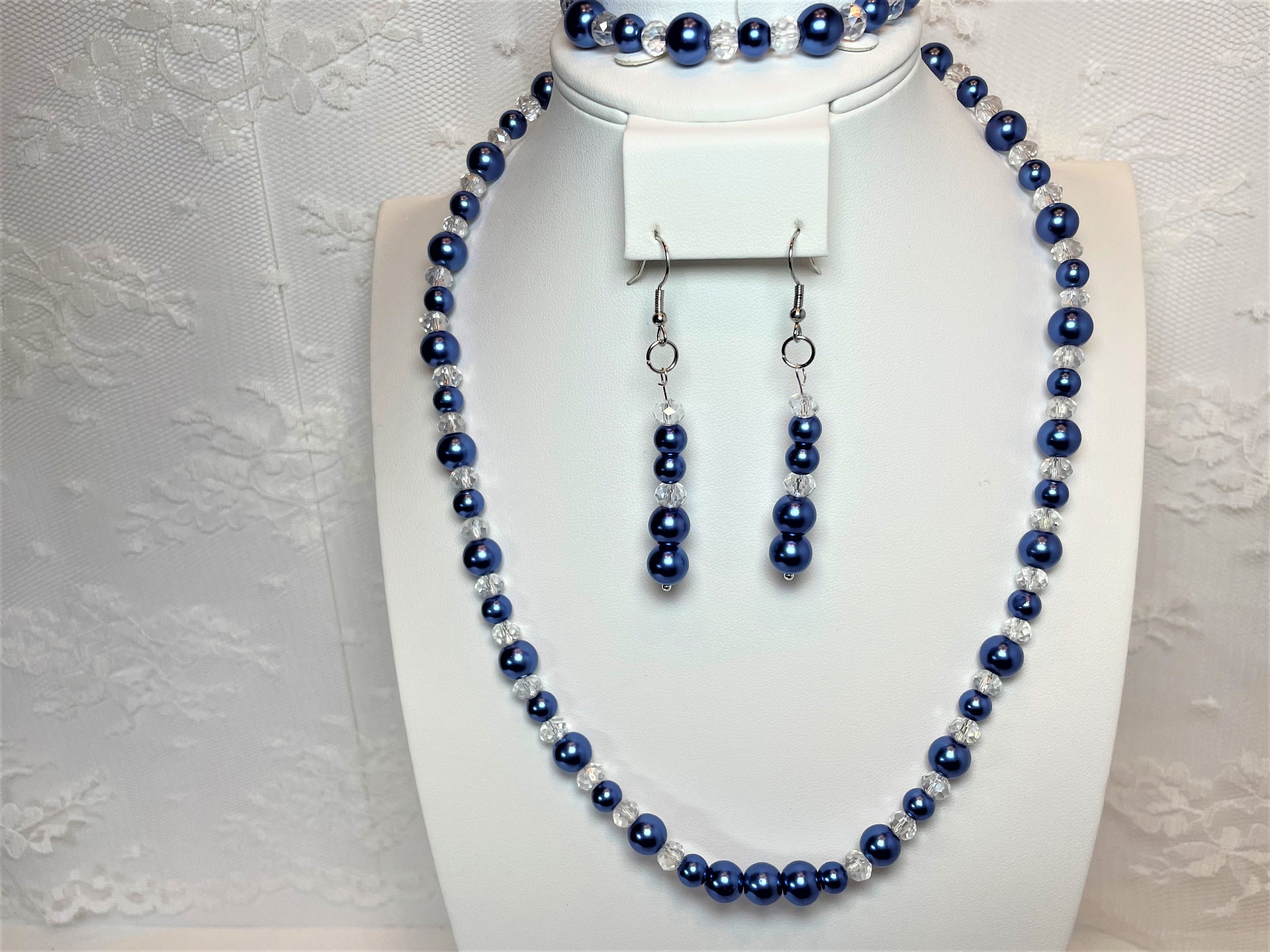 Blue Crystal Necklace Bracelet Earring Set, Blue Bead Choker, 3 Piece ...