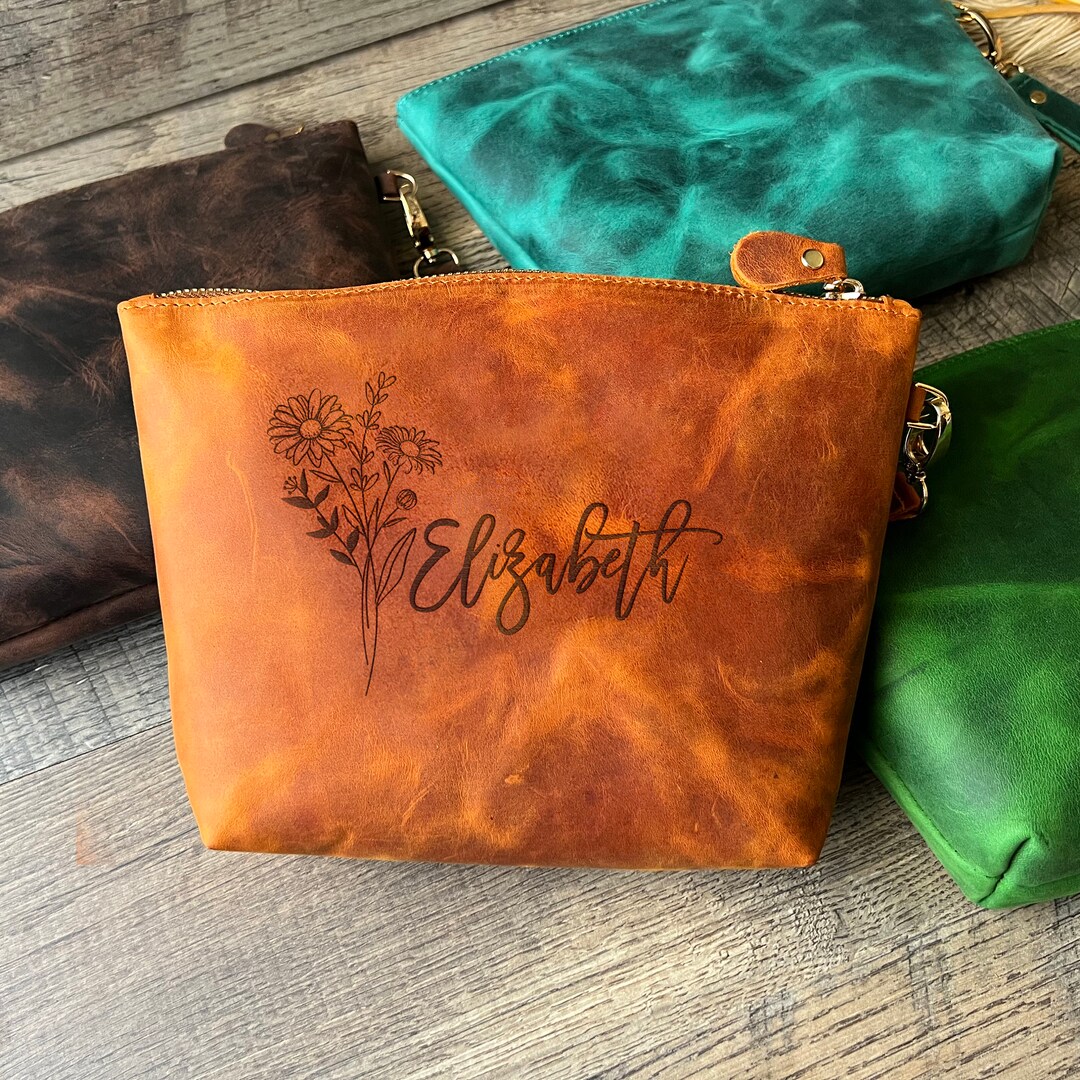 Leather Birth Flower Makeup Pouch, Custom Bridesmaid Makeup Bag, Gift ...