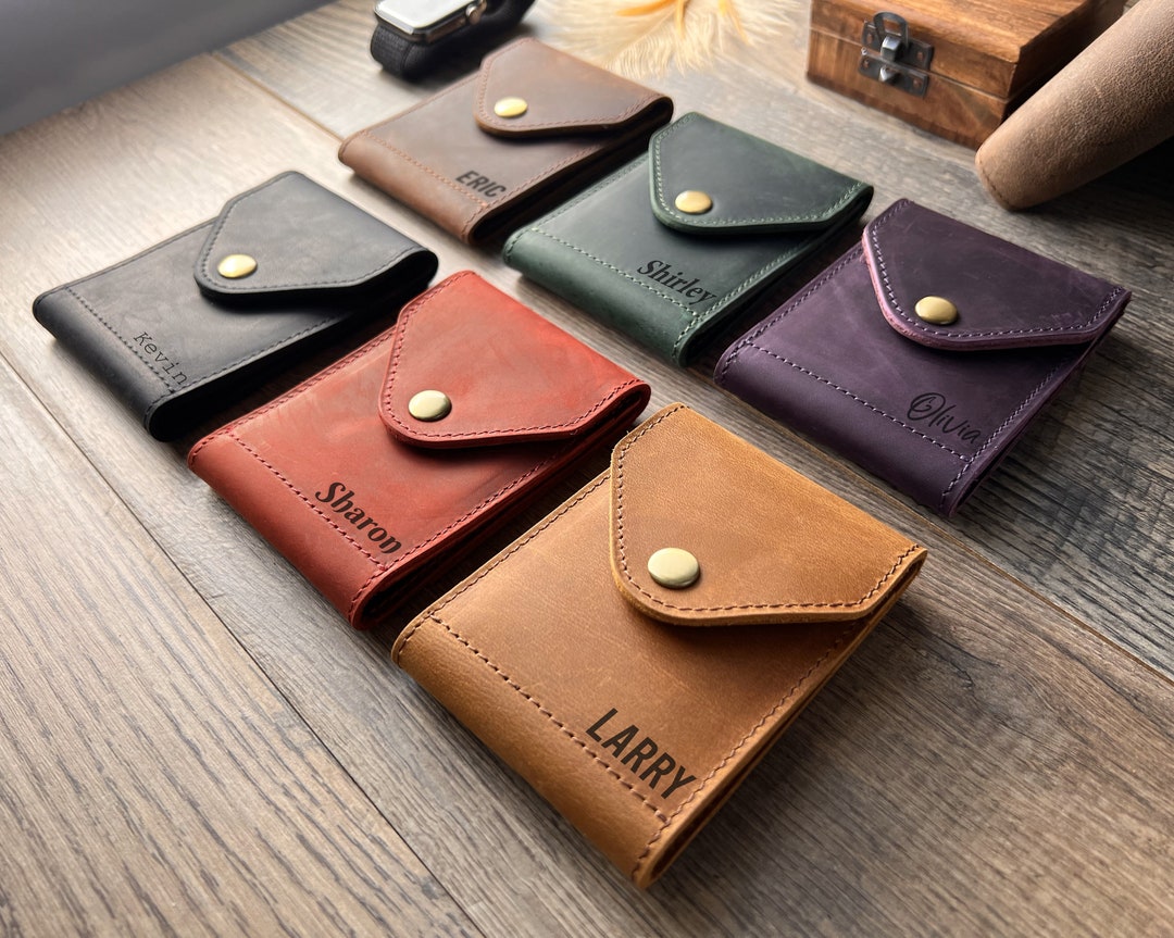 Custom Engraved Leather Card Holder: Bifold Mini Wallet - Etsy