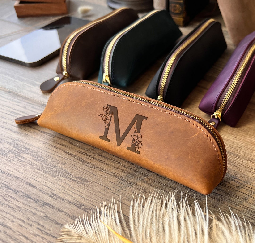 Engraved Initial Leather Purse, Personalized Letter Pen Holder, Leather ...