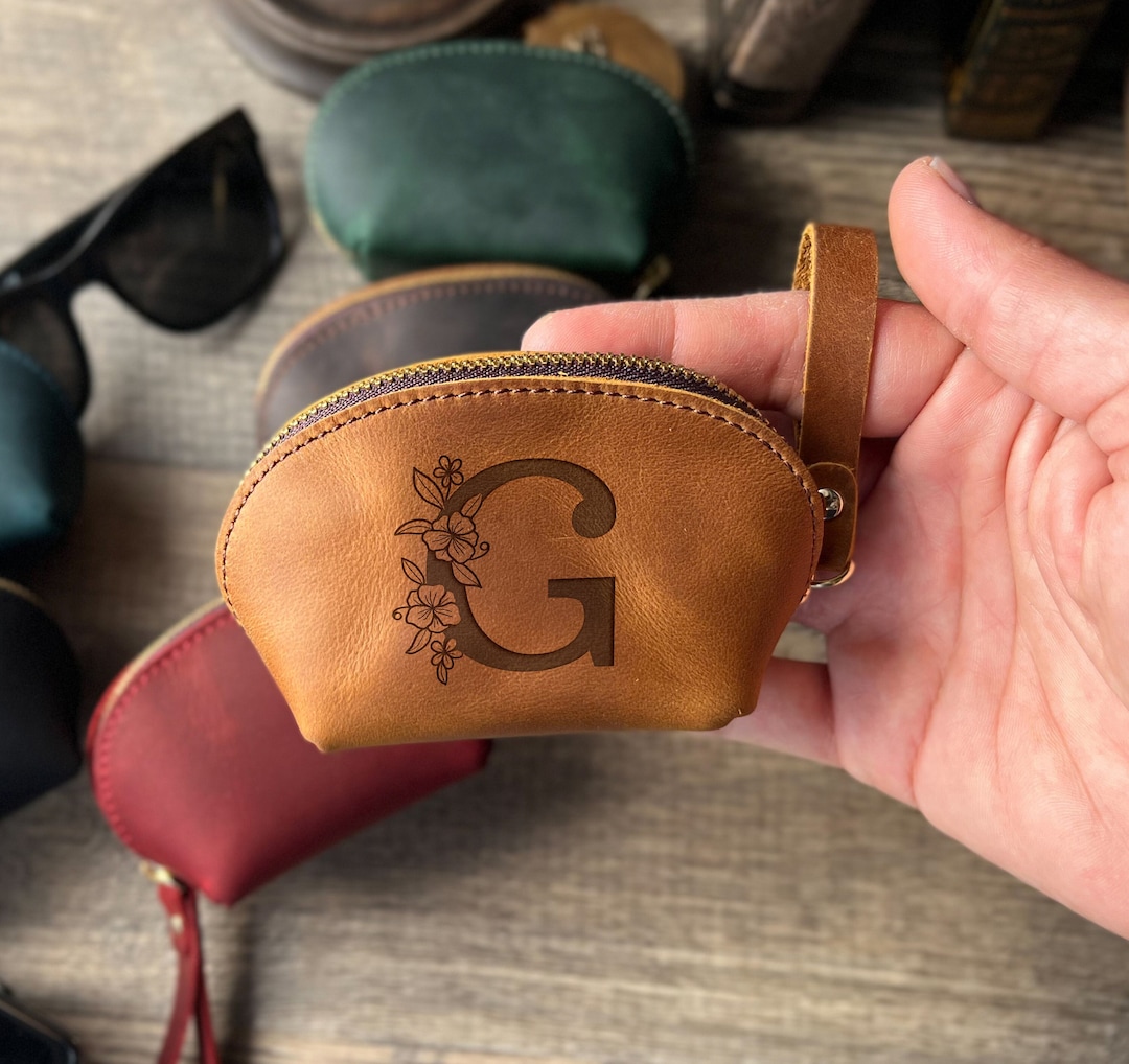 Custom Letter Engraved Pouch, Handmade Zipper Purse, Leather Coin Purse ...