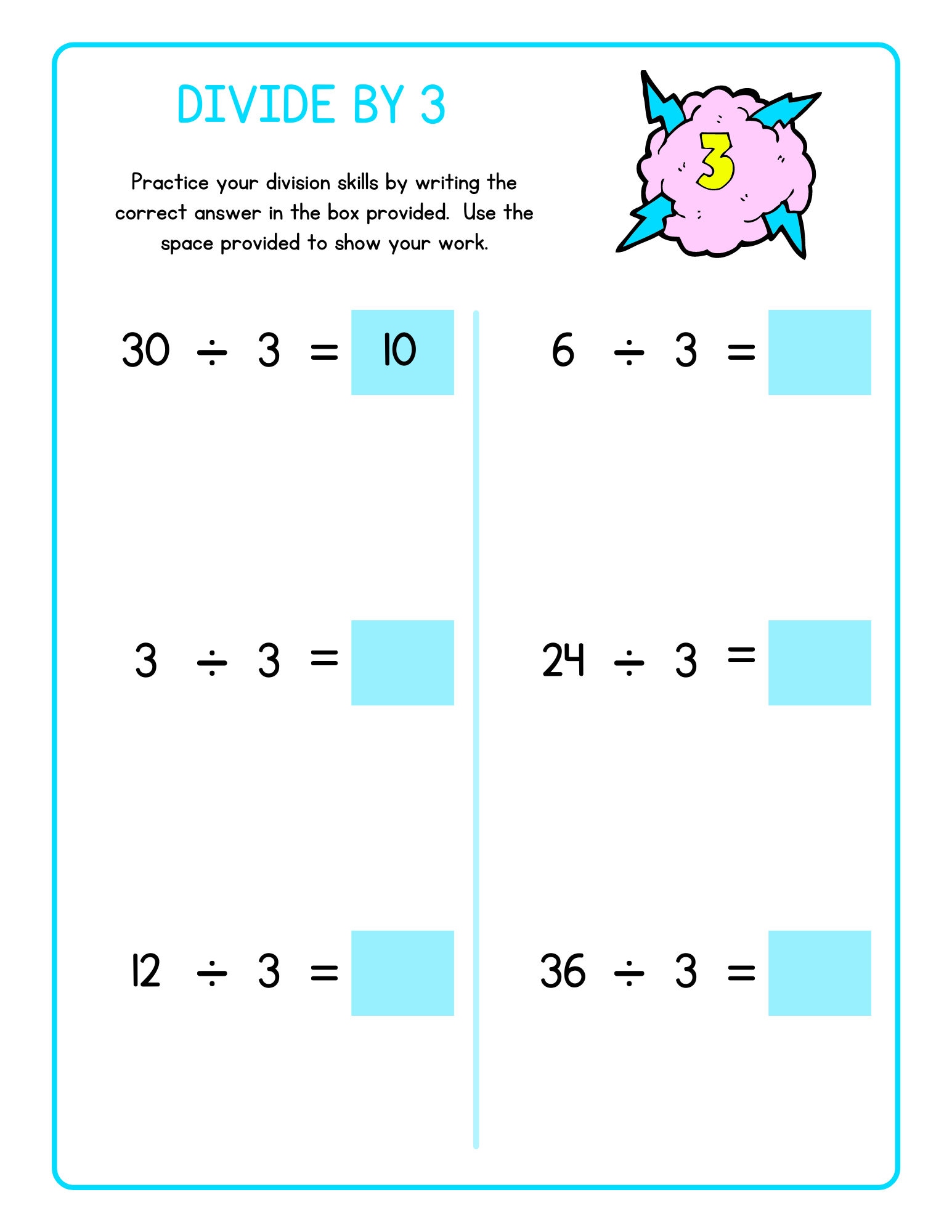 20 Division Practice Worksheets. 1 Digit Divisor Math Drills 1st-2nd ...