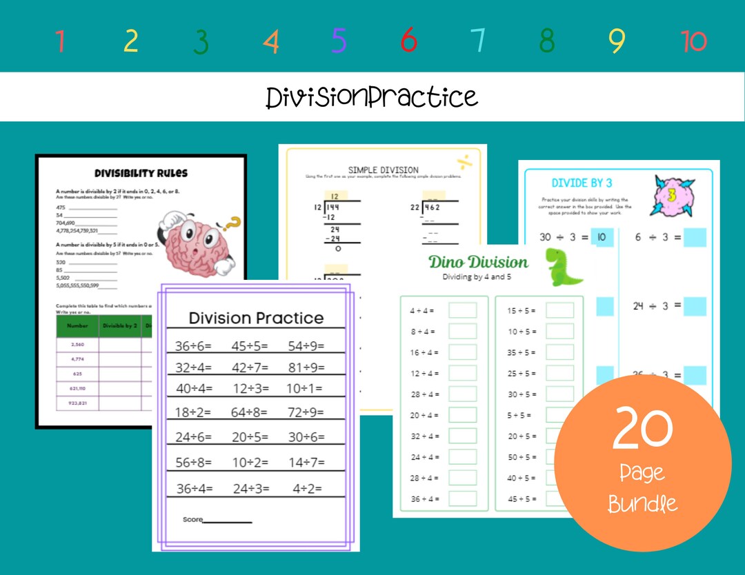 20 Division Practice Worksheets. 1 Digit Divisor Math Drills 1st-2nd ...