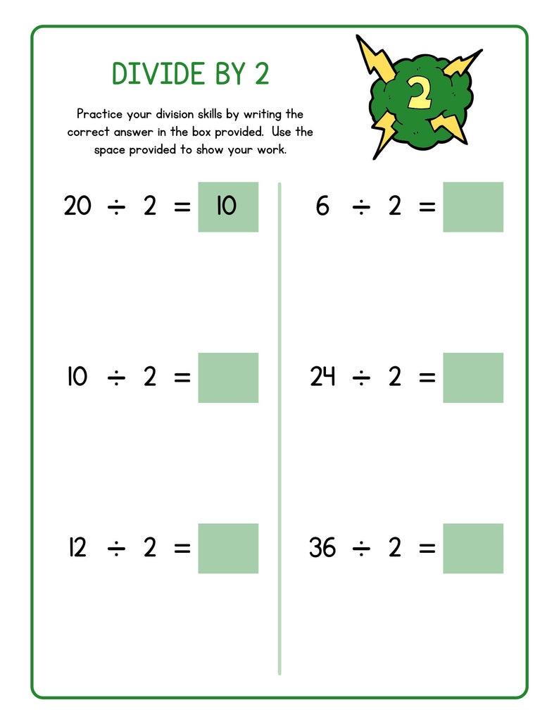 20 Division Practice Worksheets. 1 Digit Divisor Math Drills 1st-2nd ...