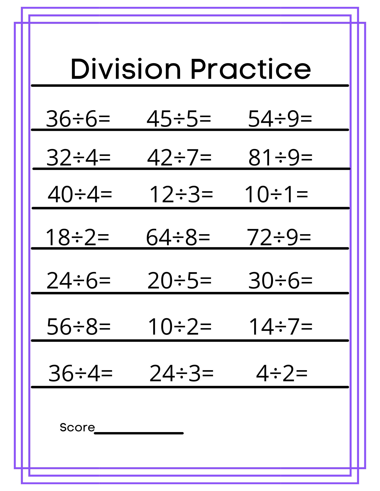 20 Division Practice Worksheets. 1 Digit Divisor Math Drills 1st-2nd ...