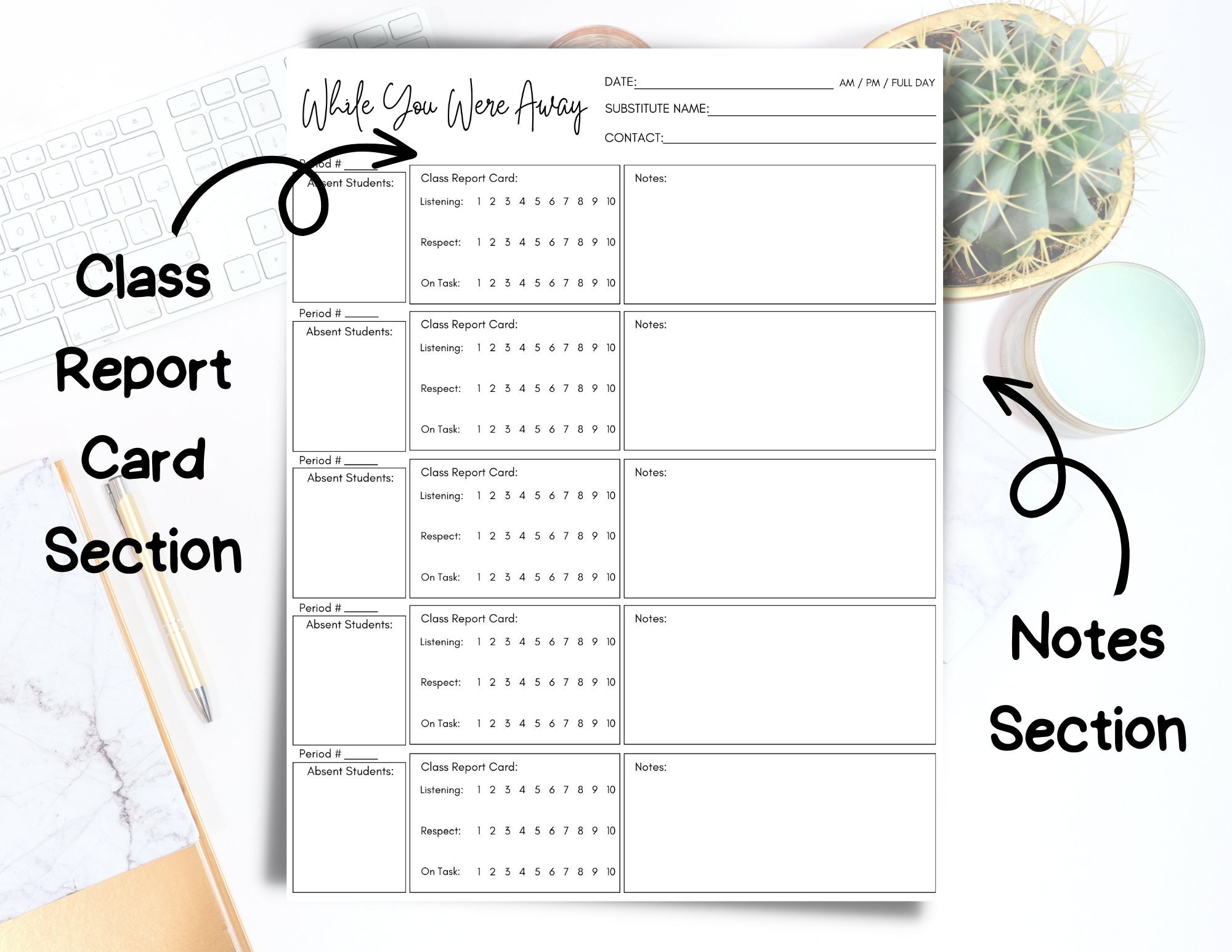 Middle/high School Substitute Teacher Notemultiple Class Substitute ...