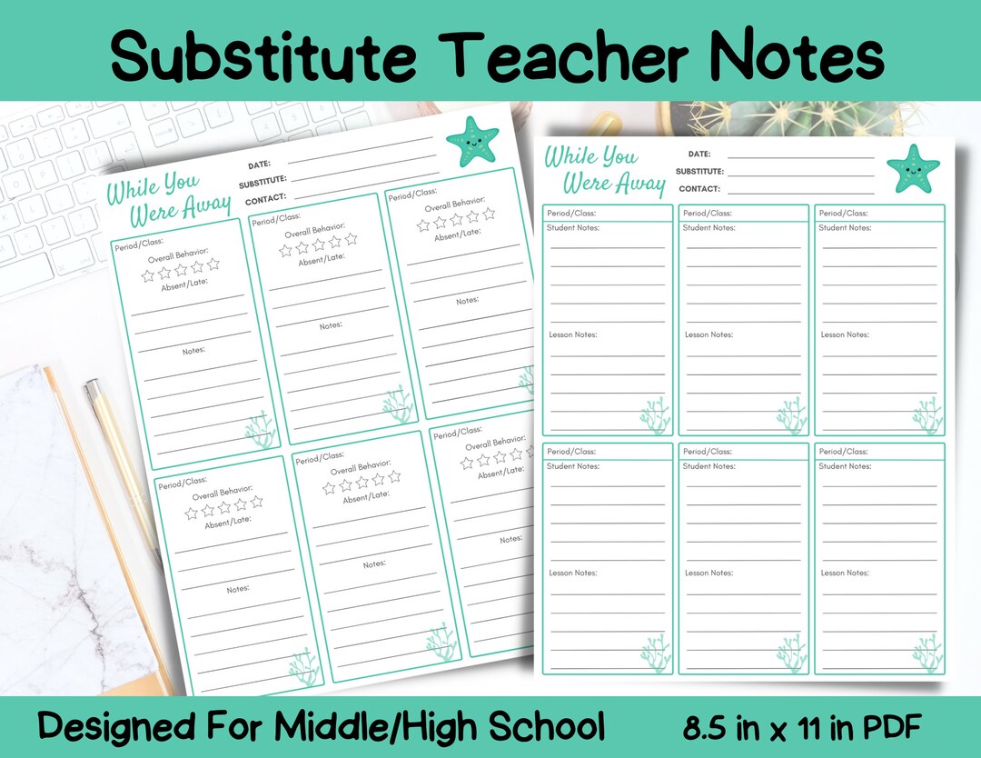 Middle/high School Substitute Teacher Notemultiple Class - Etsy