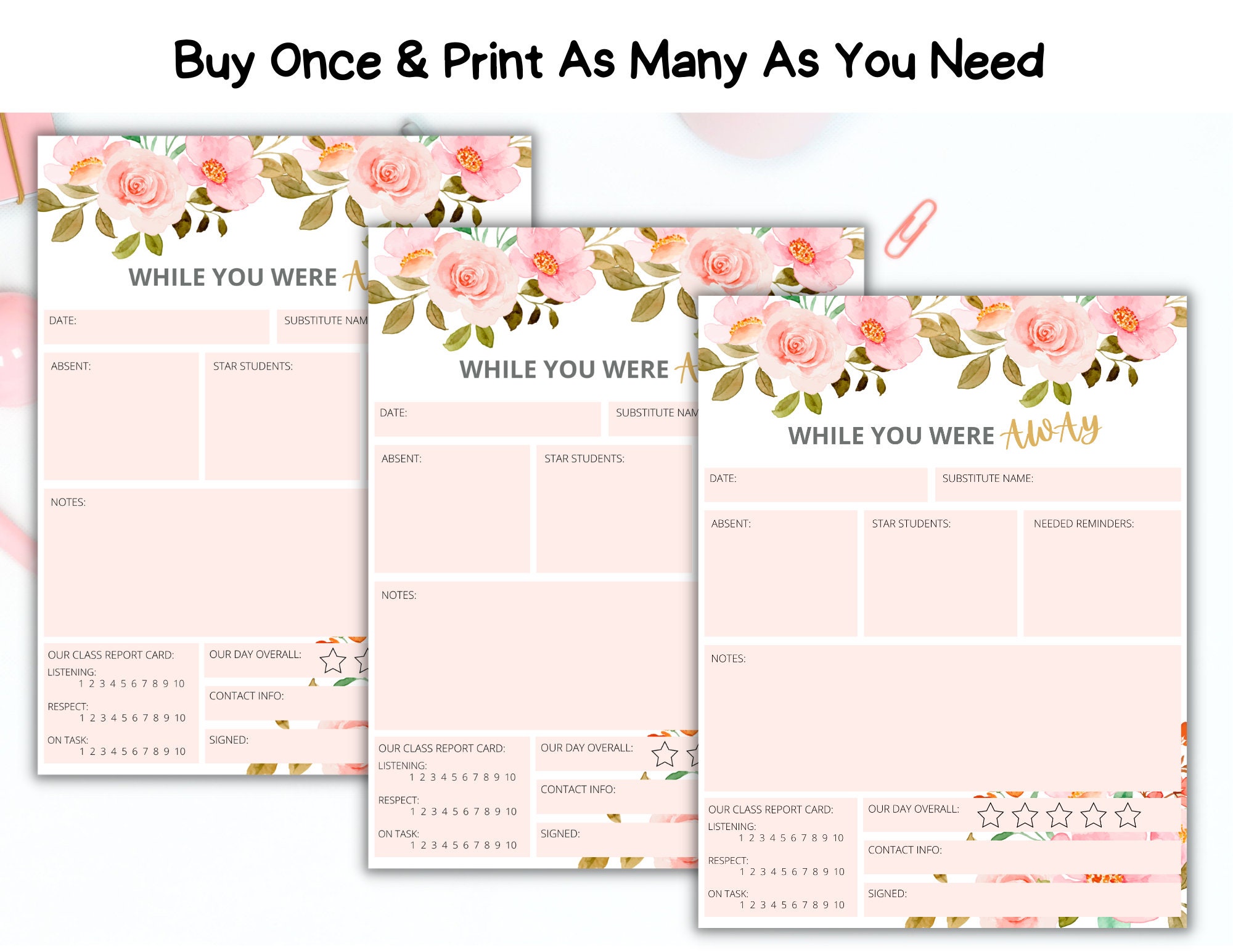 Pink Flowers Substitute Teacher Notesub Binder - Etsy