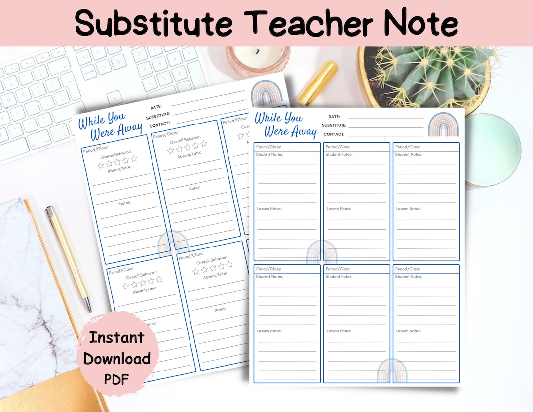 Middle/high School Substitute Teacher Notemultiple Class Substitute ...