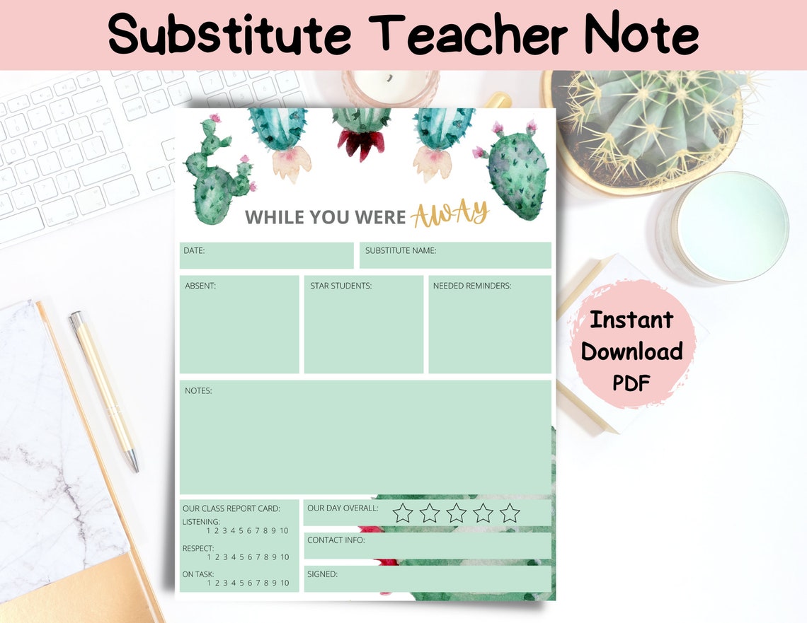 Cactus Substitute Teacher Notesubstitute End of Day Reportrelief ...
