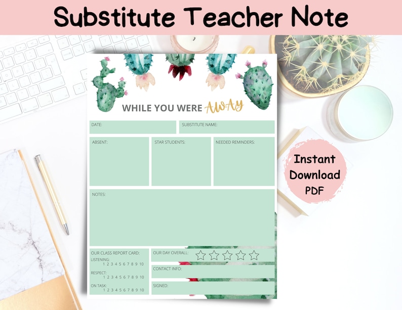 Cactus Substitute Teacher Notesubstitute End of Day Reportrelief ...